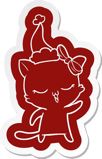 산타 모자를 쓰고 머리에 활을 가진 고양이의 기발한 만화 스티커 고양이 새끼에 대한 스톡 벡터 아트 및 기타 이미지 고양이 새끼 귀여운 나비매듭 Istock