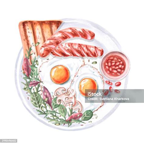 아침 식사 접시 소시지 토스트 버섯 콩 계란 채소 요리책 레스토랑 메뉴 미식 잡지의 디자인을 위한 음식을 주제로 한 고립된 수채화 그림 가정 생활에 대한 스톡 벡터 아트 및