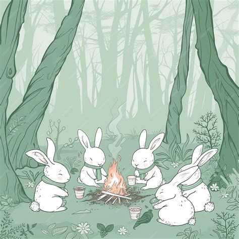 Premium Photo Three Rabbits Are Sitting Around A Fire In The Woods