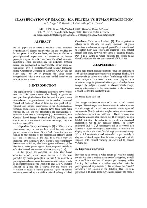 Pdf Classification Of Images Ica Filters Vs Human Perception