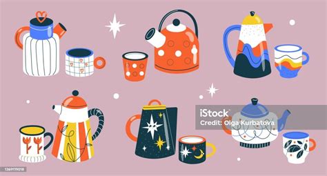 컵과 찻주전자 귀여운 패턴 주전자 세라믹 컵 다른 디자인 재미 그릇 뜨거운 음료 머그잔 아늑한 도자기 제품 주방 도자기 식기 벡터 만화 고립 세트 부엌에 대한 스톡 벡터