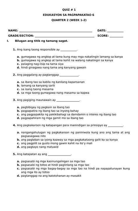 Quiz Esp W1 2 For Grade 6 Quiz 1 Edukasyon Sa Pagpapakatao 6
