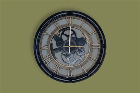 Classic Analog Clock On Yellow Green Wall Background At Three Oclock