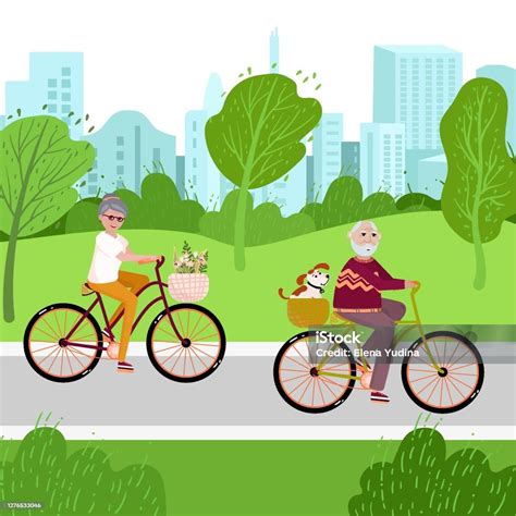 개와 함께 공원에서 자전거에 노인 부부 노인 가족은 건강한 삶을 위해 밖에서 시간을 보냅니다 자전거를 타는 노인을 위한 활동