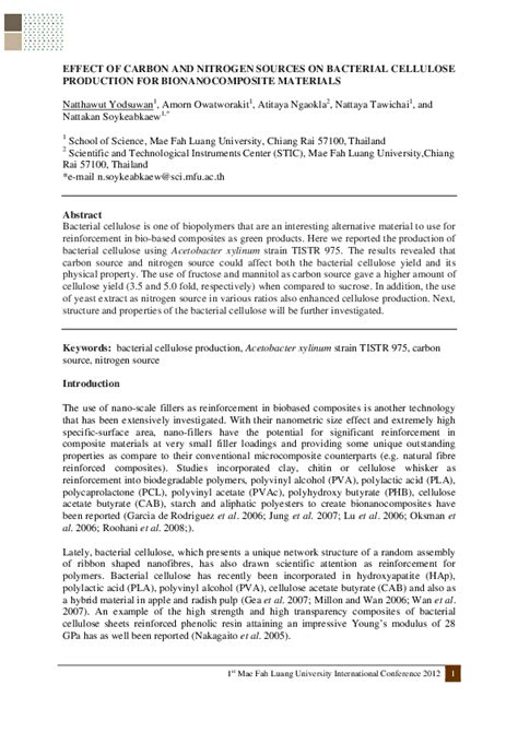 Pdf Effect Of Carbon And Nitrogen Sources On Bacterial Cellulose