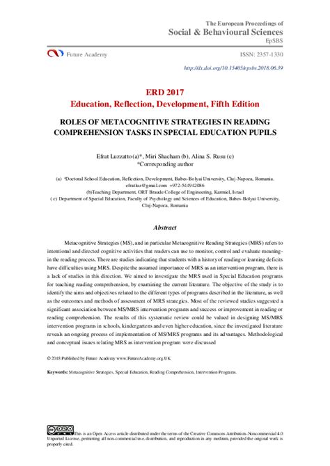 Pdf Roles Of Metacognitive Strategies In Reading Comprehension Tasks In Special Education Pupils