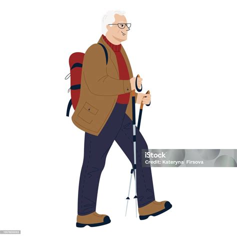 휴일에 배낭을 가지고 여행하는 노인 북유럽 워킹 스틱 하이킹을 하며 걷는 행복한 노인 흰색 배경에 고립 된 여행자의 컬러 플랫 벡터 그림 가방에 대한 스톡 벡터 아트 및