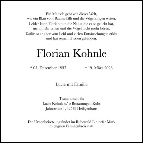 Traueranzeigen Von Florian Kohnle Trauer In Nrw De