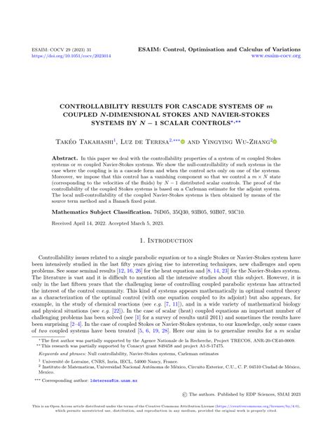Pdf Controllability Results For Cascade Systems Of M Coupled N Dimensional Stokes And Navier