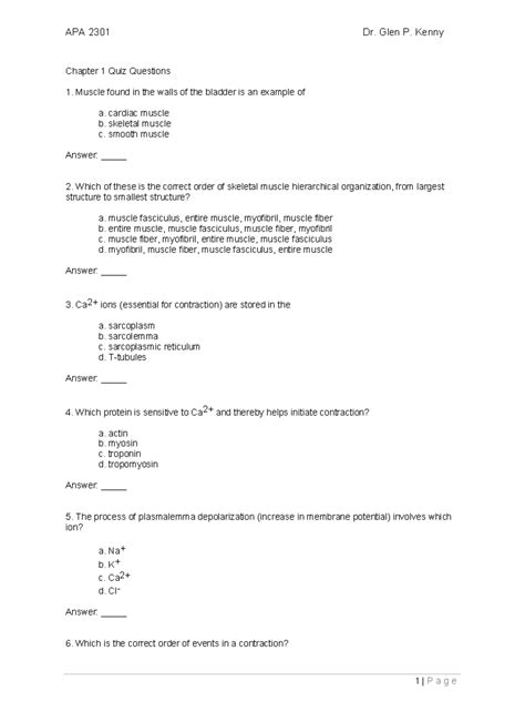 Chapter 1 Quiz Exercise Physiology Practice Quiz Apa 2301 Dr Glen