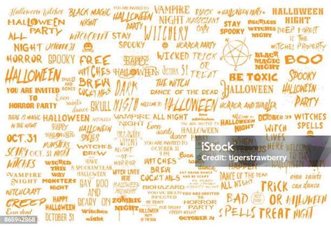 100 개 이상의 수 제 무서운 따옴표 브러시 및 글꼴 인쇄 술의 큰 할로윈 세트 휴가 디자인 카드 장식 짜증 문구 및 전단지 현대 할로윈 서 벡터입니다 10월에 대한 스톡