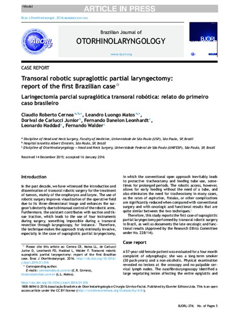 Pdf Transoral Robotic Supraglottic Partial Laryngectomy