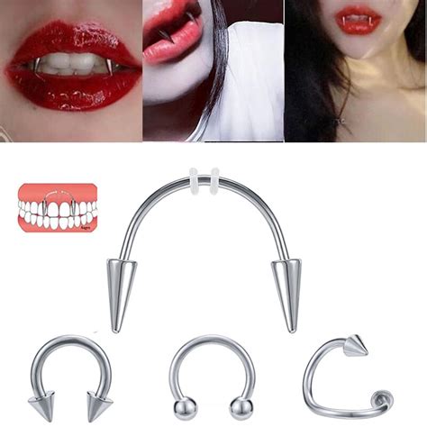 Zs 드라큘라 네일 스테인레스 스틸 스마일 피어싱 6810mm 말굽 펑크 코 링 뱀파이어 송곳니 좀비 이빨 바디 쥬얼리 1