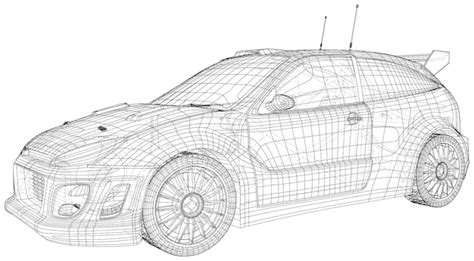 릴리 및 드리프트 자동차 터 와이어 프레임은 D의 배경 터 렌더링에 고립됩니다 프리미엄 벡터