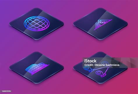 아이소메트릭 라인 지구 지구 로마의 콜로세움 이탈리아 이집트 피라미드 및 경로 위치를 설정합니다 파란색 사각형 버튼 벡터 3차원 형태에 대한 스톡 벡터 아트 및 기타 이미지