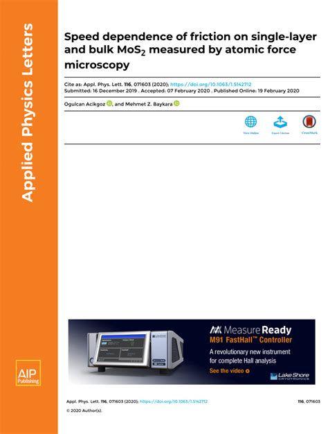 Pdf Speed Dependence Of Friction On Single Layer And Bulk Mos2 Measured By Atomic Force Microscopy