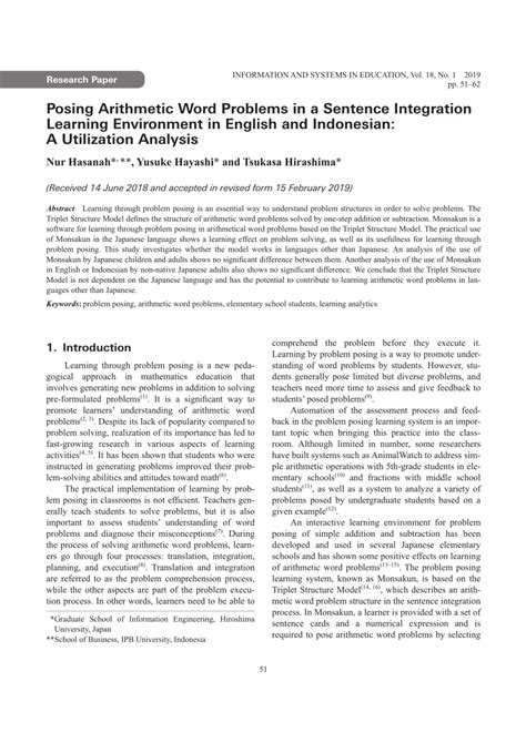 Pdf Posing Arithmetic Word Problems In A Sentence Integration Learning Environment In English