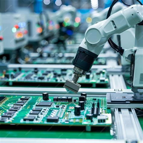 Robotic Arm Assembling Electronic Circuit Boards In Hightech Factory Premium Ai Generated Image