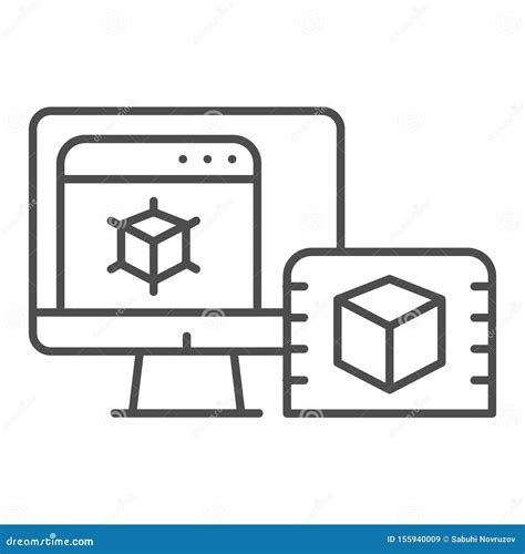 3d Design On Computer Thin Line Icon Pc Monitor With 3d Project Vector Illustration Isolated On
