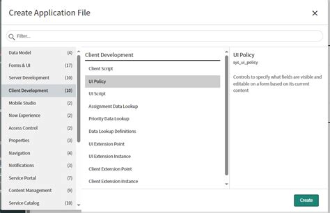 And Then Selected Client Development UI Policy Create