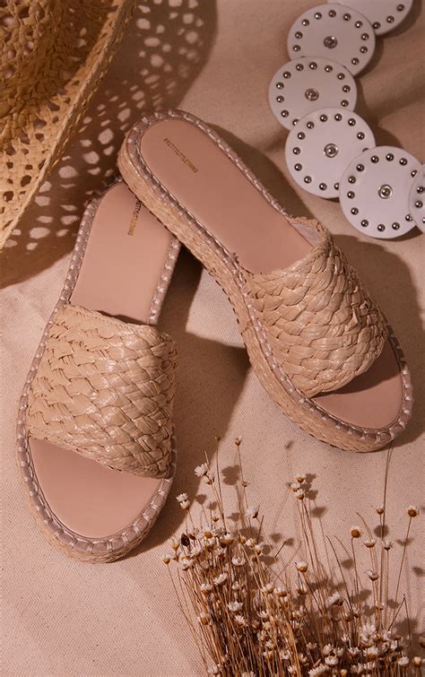 Natural Round Thick Textured Weave Strap Flatform Sliders Footwear Plt