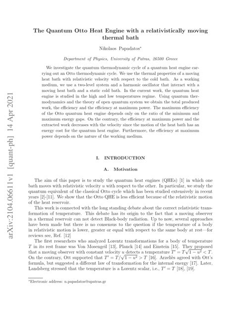 Pdf The Quantum Otto Heat Engine With A Relativistically Moving Thermal Bath