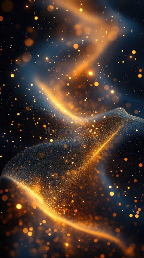 Colorful Golden Particles Swirl In Dark Backdrop Creating A Mesmerizing Cosmic Effect Stock