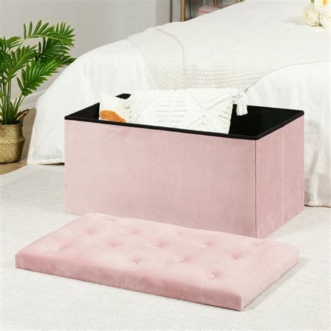 Pinplus 31 5 Pink Velvet Ottoman With Storage Bench Collapsible Toy Chest Box For Girls