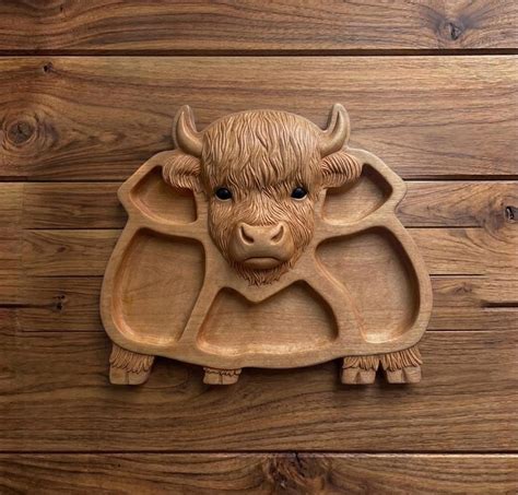 Artisanal Highland Cow Wooden Platter Compartment Rustic Serving Tray