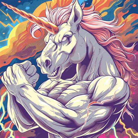 Angry Unicorn Mascot Displaying Powerful Muscles Premium Ai Generated