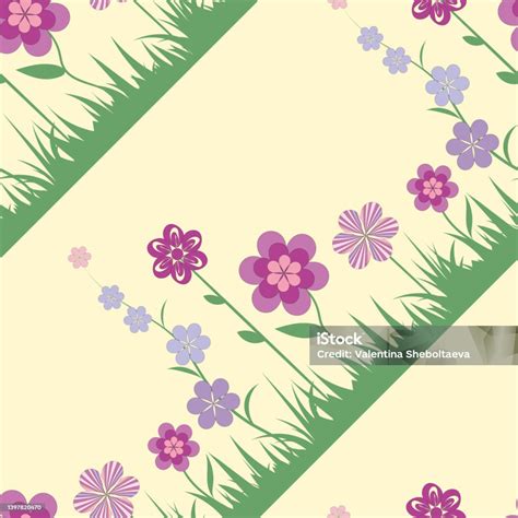벡터 꽃 이음새가 없는 장식 패턴 대각선 방향 어린이 벽지 그리기 푸른 잔디에 장식용 꽃 노란색 배경 0명에 대한 스톡 벡터 아트 및 기타 이미지 Istock