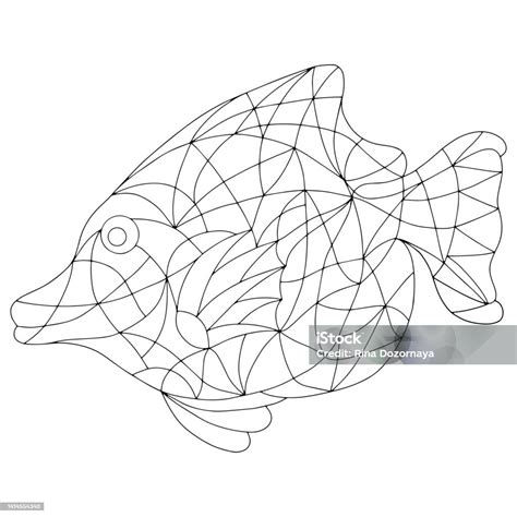 추상적 인 물고기와 스테인드 글라스 스타일의 흑백 일러스트레이션 색칠 공부 책 및 색칠 공부 페이지에 대한 이미지입니다 물고기에 대한 스톡 벡터 아트 및 기타 이미지