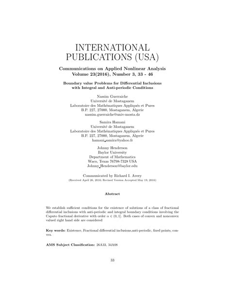 Pdf Boundary Value Problems For Differential Inclusions With Integral And Anti Periodic Conditions