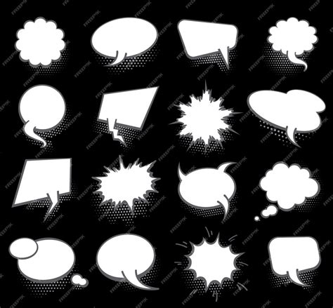 팝 아트 스타일 벡터 만화 텍스트 연설 거품 하프톤 도트 배경 빈 템플릿 집합 만화 상자 Popart에 대 한 만화 책 대화 공간의 빈 구름 프리미엄 벡터