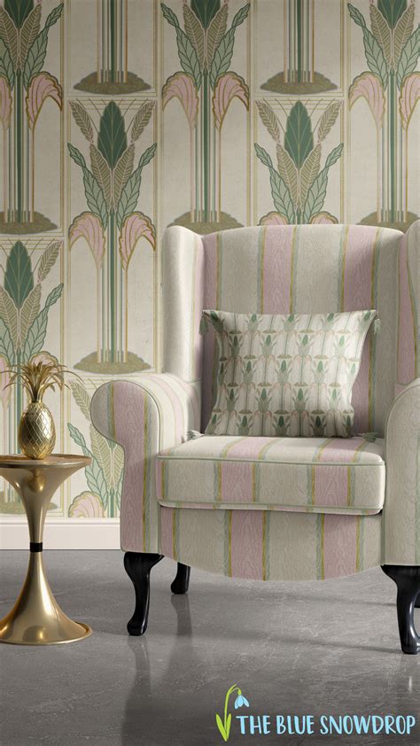 Art Deco Floral Wallpaper In Pink And Green With Striped Fabric
