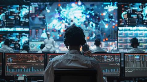 Security Expert Monitoring Global Cyber Threats In A Hightech Command Center Premium Ai