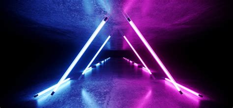 과학 Fi 현대 미래 네온 빛나는 삼각형 모양의 보라색 파란색 빛나는 튜브 조명 반사 콘크리트 바닥에 빈 공간 천장 3d 렌더링 0명에 대한 스톡 사진 및 기타 이미지