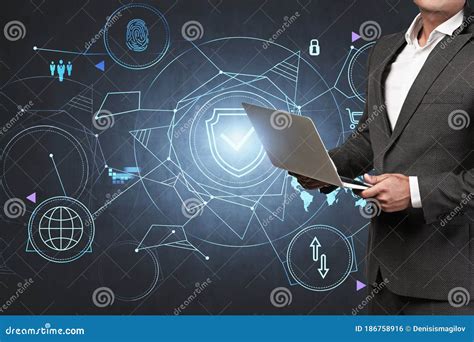 Man With Laptop Cyber Security Interface Stock Photo Image Of Finance Online 186758916