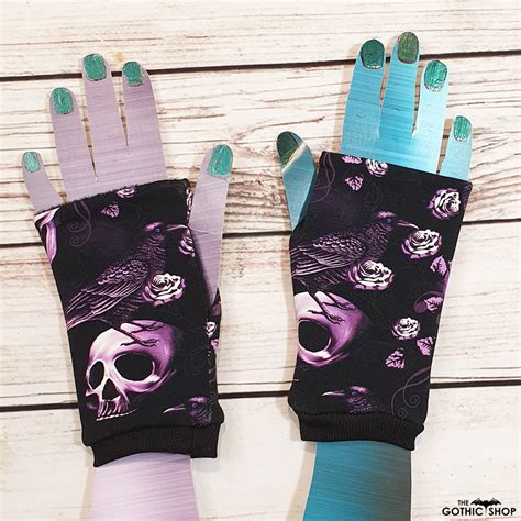 The Gothic Shop Rose Raven Skull Fleece Lined Fingerless