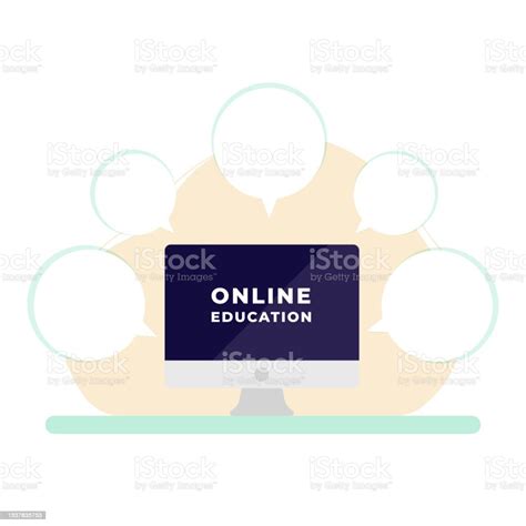 온라인 교육 개념 책상에 음성 거품에 둘러싸여 데스크톱 컴퓨터 학교로 돌아갑니다 벡터 일러스트레이션 플랫 디자인 Brand Name Online Messaging