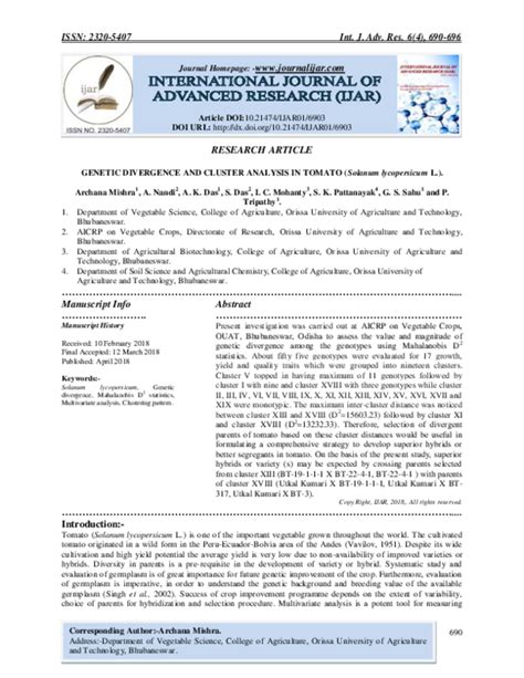 Pdf Genetic Divergence And Cluster Analysis In Tomato Solanum Lycopersicum L
