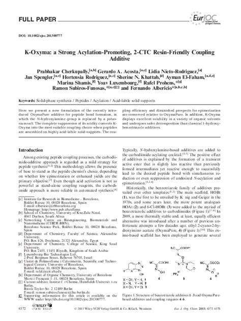 Pdf K Oxyma A Strong Acylation Promoting 2 Ctc Resin Friendly Coupling Additive Sherine