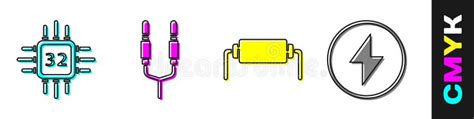 Set Processor With Microcircuits Cpu Audio Jack Resistor Electricity And Lightning Bolt Icon