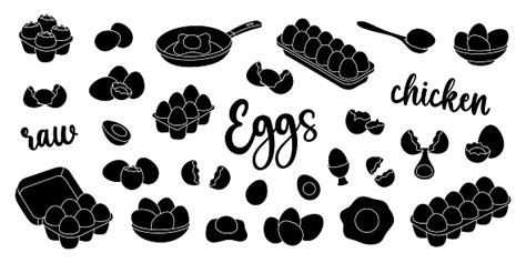 검은 닭고기 달걀 세트 날달걀과 삶은 달걀 깨진 달걀 껍질과 통 달걀 껍질 단백질과 노른자 오믈렛 유기농 농산물 벡터 일러스트 레이 션 가금류에 대한 스톡 벡터 아트 및