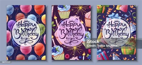 생일 축하 카드 디자인 세트입니다 배너 컵 케이크 풍선 선물 불꽃 놀이 및 뱀이 담긴 전단지 생일 축하합니다 휴일 기념일 파티를