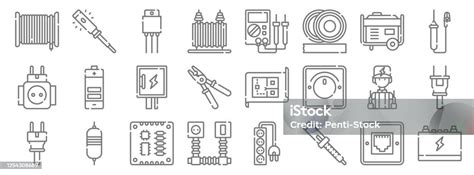 전기 도구 및 라인 아이콘 선형 집합입니다 어큐뮬레이터 납땜 철 케이블 파워 플러그 전기 퓨즈 박스 테스터 멀티미터 테스터 와 같은 품질 벡터 라인 세트 날씬한에 대한 스톡