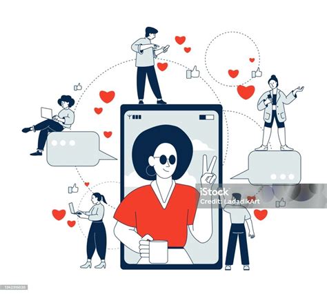 인플루언서 마케팅 사회적 영향 미디어에서 인기있는 여성 스마트폰과 청중의 디지털 인물 인터넷 블로거 최근 벡터 장면 옆모습에