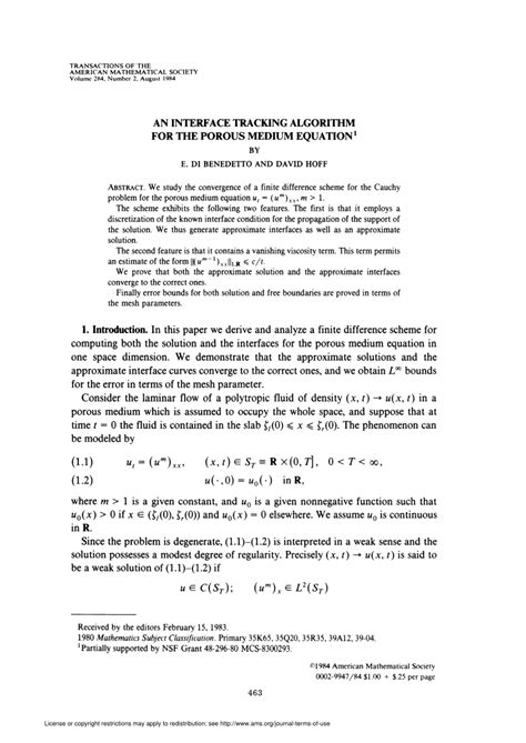 Pdf An Interface Tracking Algorithm For The Porous Medium Equation