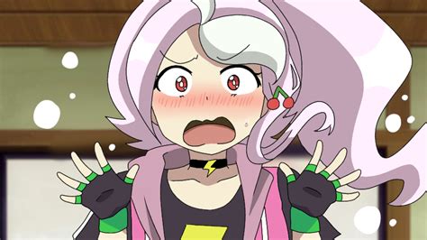 An Anime Character With Pink Hair And Black Gloves Holding Her Hands Up In Front Of Her Face