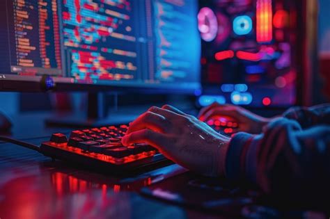 Premium Photo Programmers Hands On Keyboard Writing Source Code Screen Showing Code Ai Generated